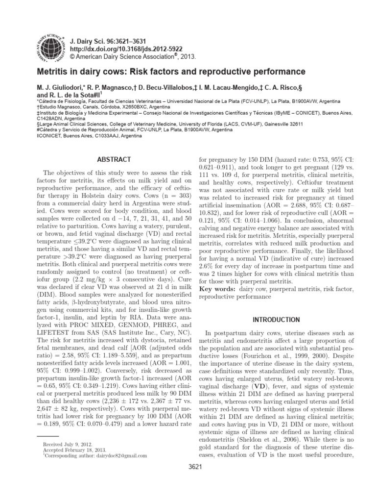 Metritis in Dairy Cows: Risk Factors and Reproductive Performance | PDF ...