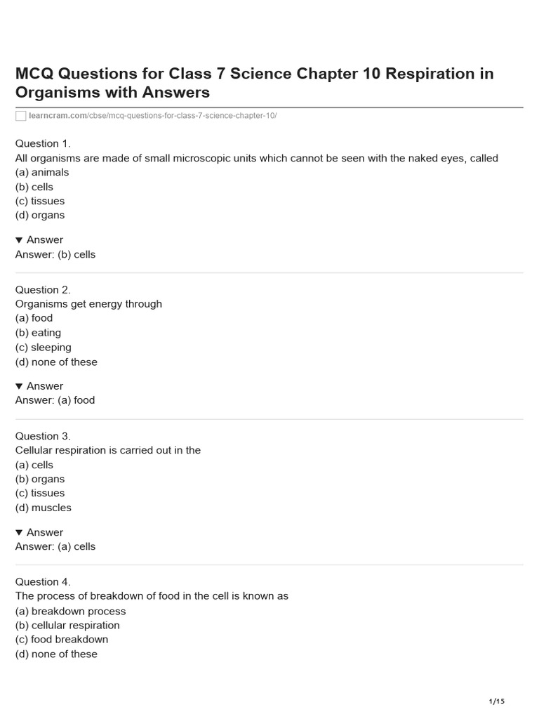 MCQ Questions For Class 7 Science Chapter 10 Respiration in Organisms ...