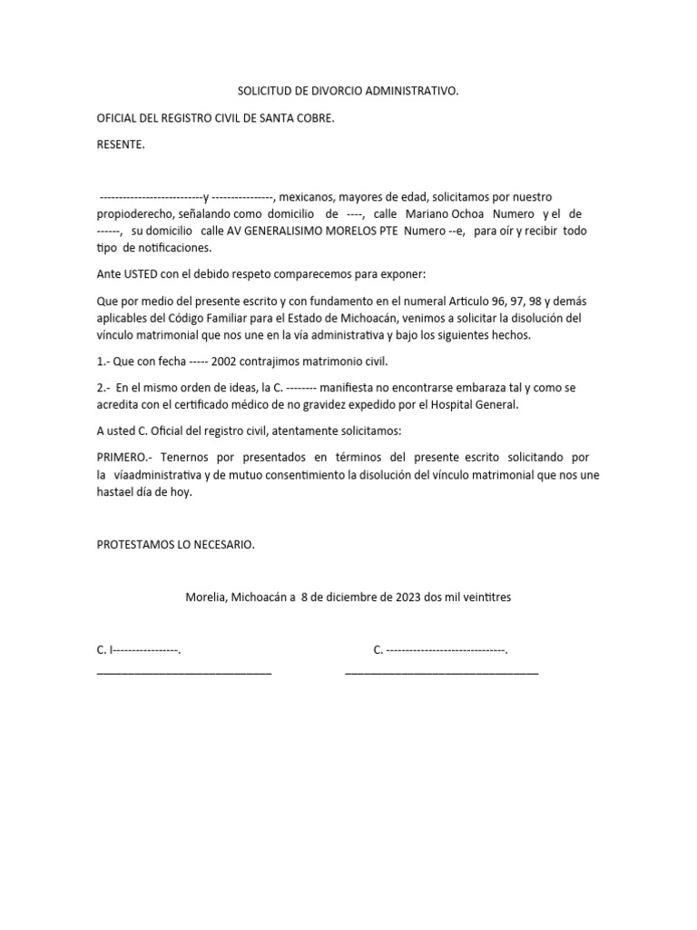 Solicitud De Divorcio Administrativo Pdf