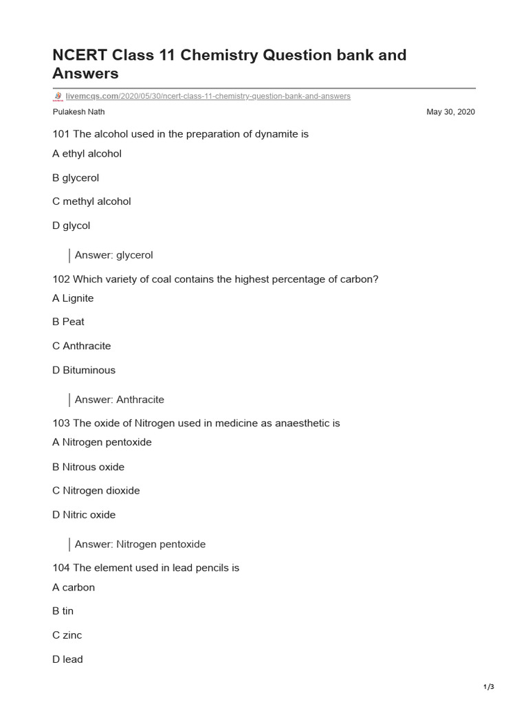 NCERT Class 11 Chemistry Question Bank and Answers | PDF