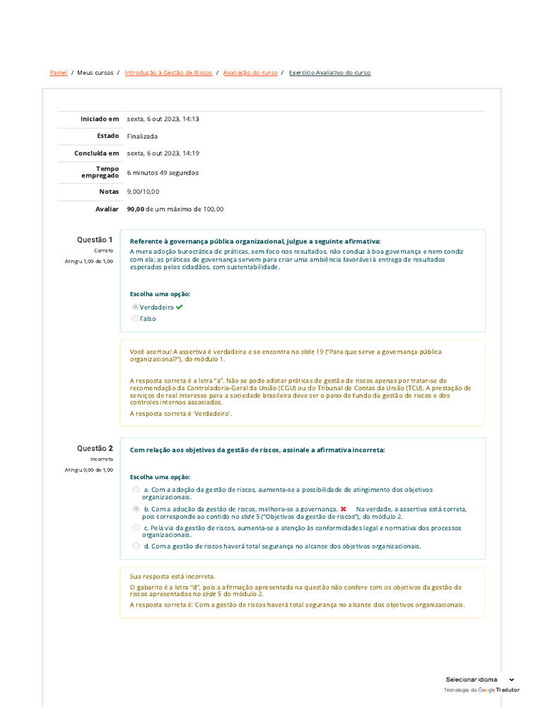 Introdução à Gestão De Riscos Exercício Avaliativo Do Curso Revisão