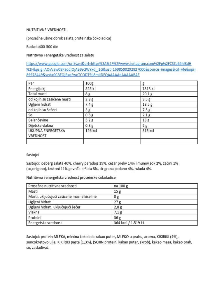 Nutritivne Vrednosti Pdf