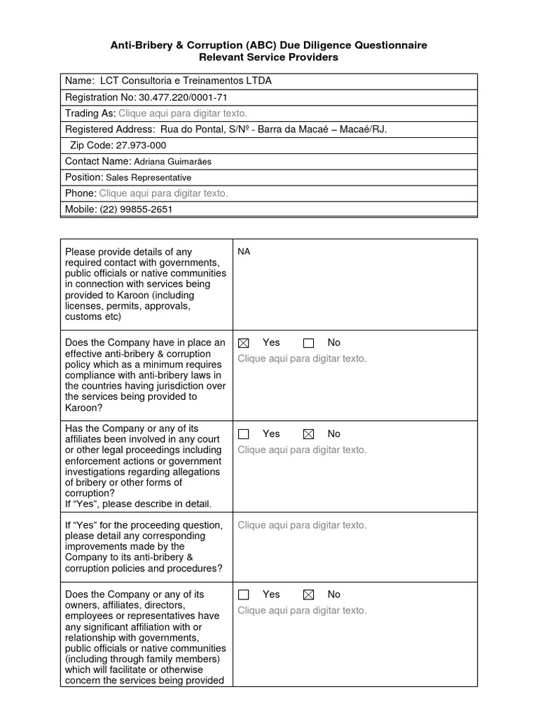 ABC DD Questionnaire For Relevant Service Providers | PDF | Corruption ...