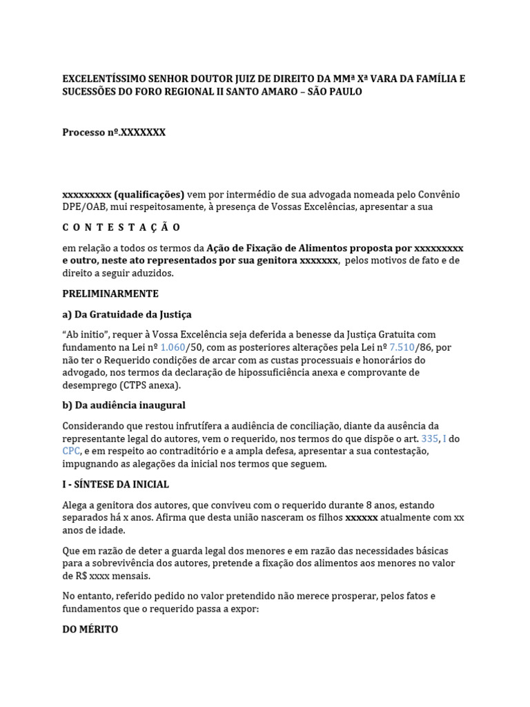 Modelo de Contestacao Acao de Fixacao de Alimentos | PDF | Pensão ... Modelo de Contestacao Acao de Fixacao de Alimentos | PDF | Pensão ...