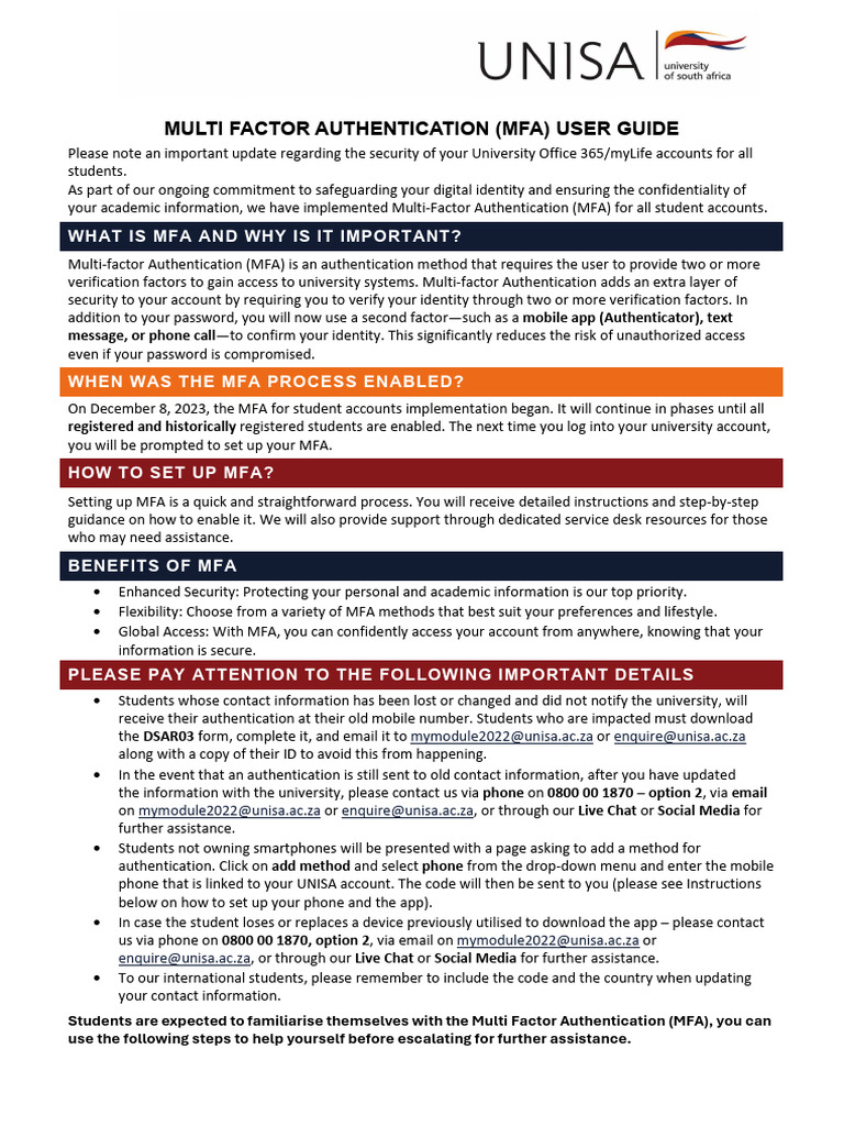 UNISA MFA User Guide for Students | PDF | Mobile App | Authentication