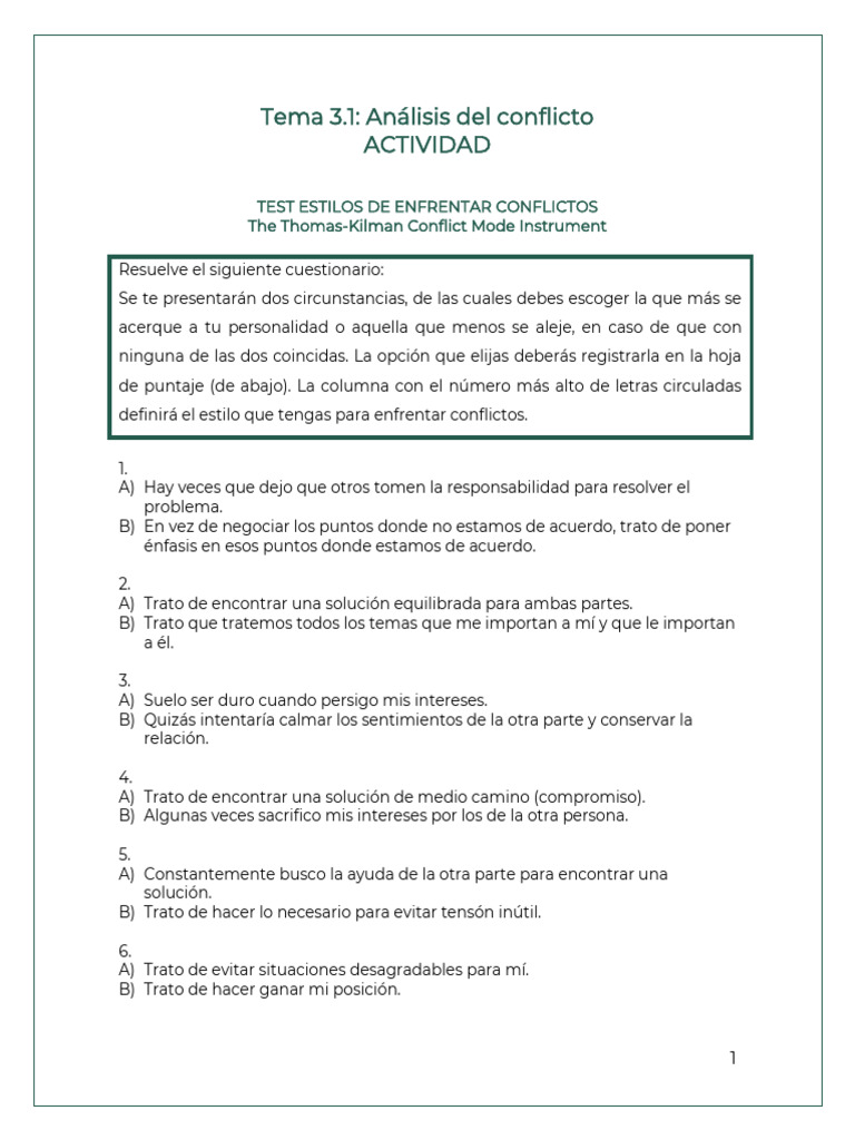Test Estilos Enfrentar Conflictos | PDF