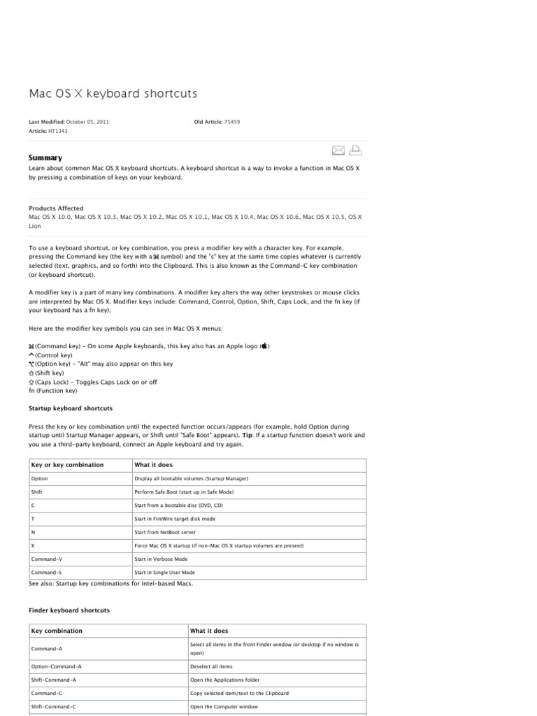 Mac OS X Keyboard Shortcuts | PDF | Computer Keyboard | Keyboard Shortcut