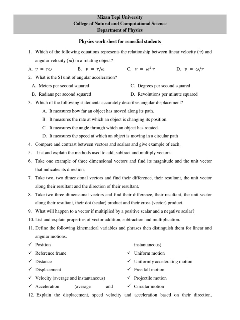 Remedial Physics Worksheet Guide | PDF | Euclidean Vector | Kinematics