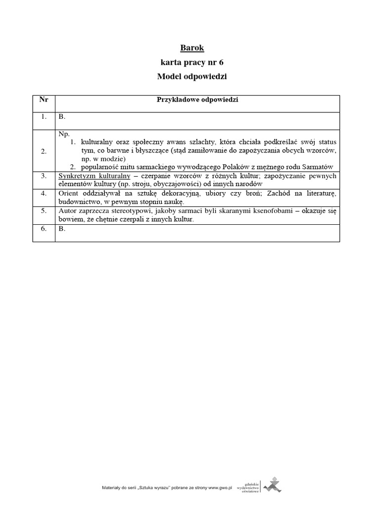 Odpowiedzi Barok Karta Pracy 6 | PDF