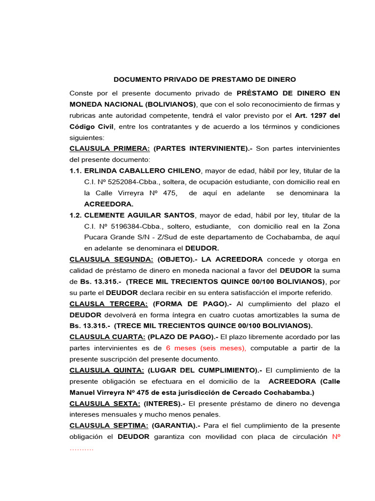 Contrato Privado de Prestamo de Dinero Clemente | PDF | Pagos