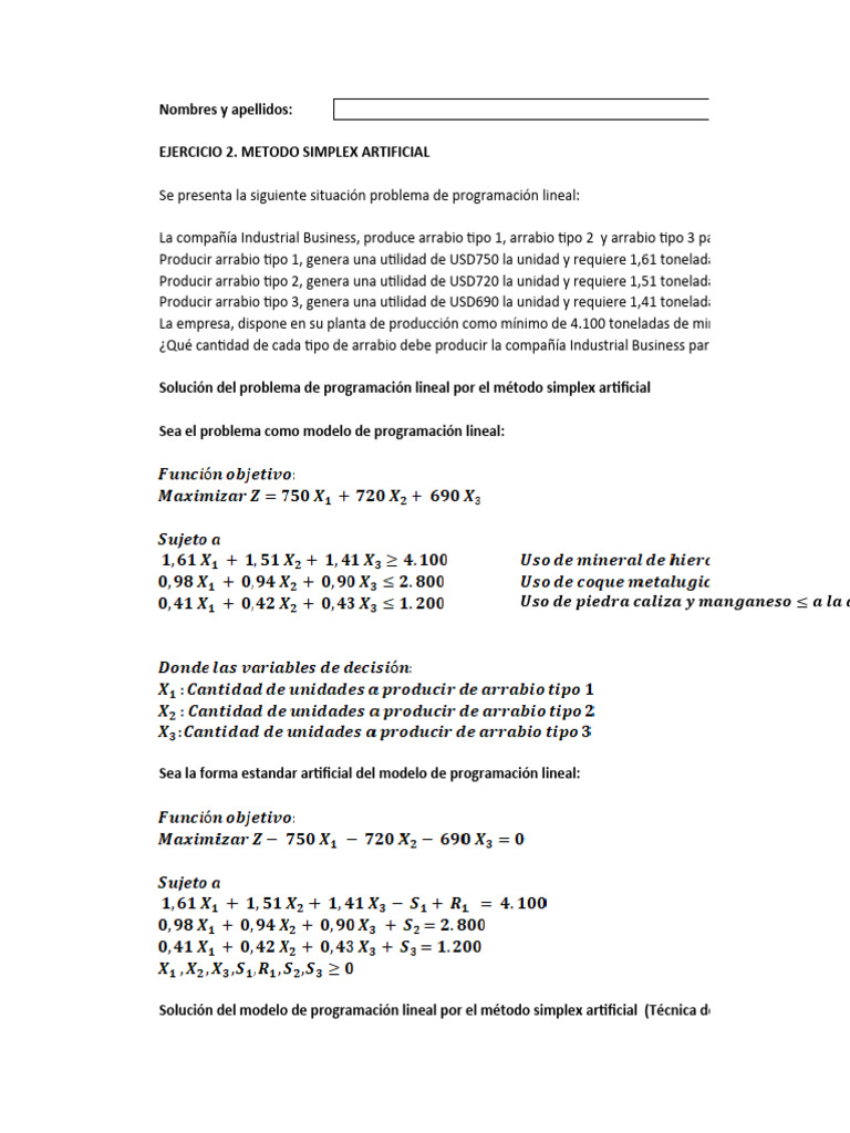 Plantilla Ejercicio 2 - Metodo Simplex Artificial - Tarea 1 | PDF | Matemáticas Aplicadas ...