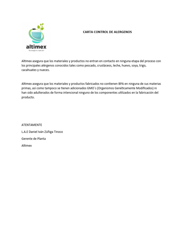 Carta Control De Alergenos Pdf