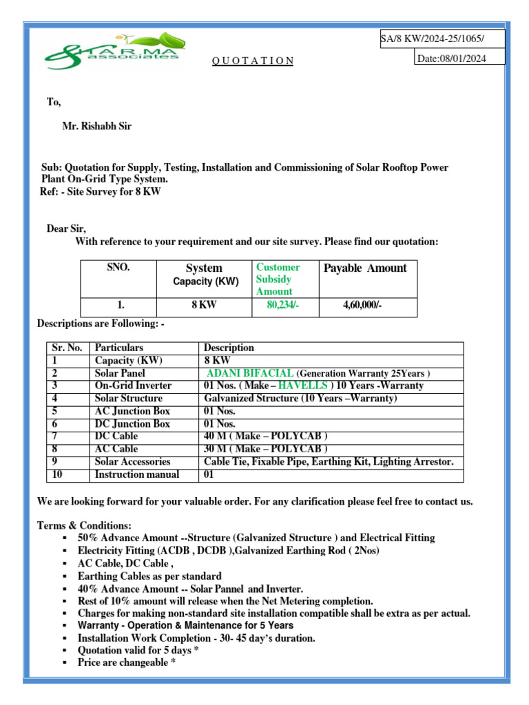 Quotation for 8 KW Solar Inverter System | PDF | Solar Panel ...
