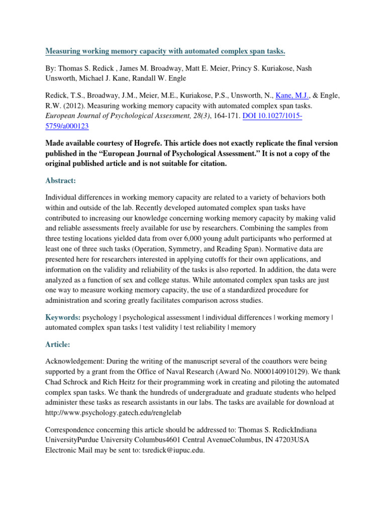 M Kane Measuring 2012 | PDF | Working Memory | Attention