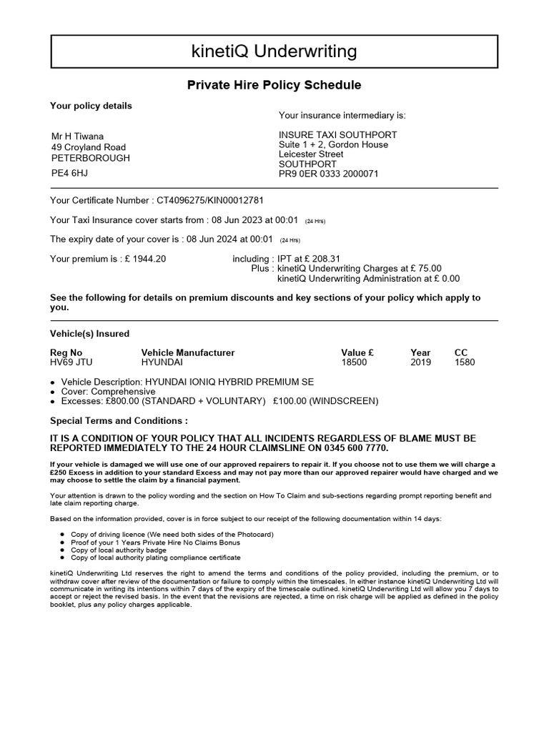 KinetiQ Taxi Insurance Policy Details | PDF | Insurance | Underwriting