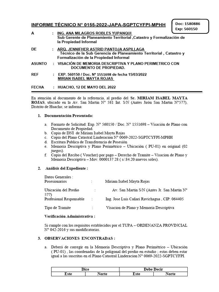 Informe N°0155 - Observado - Mirian Isabel Mayta Rojas I - Exp. 560150 ...