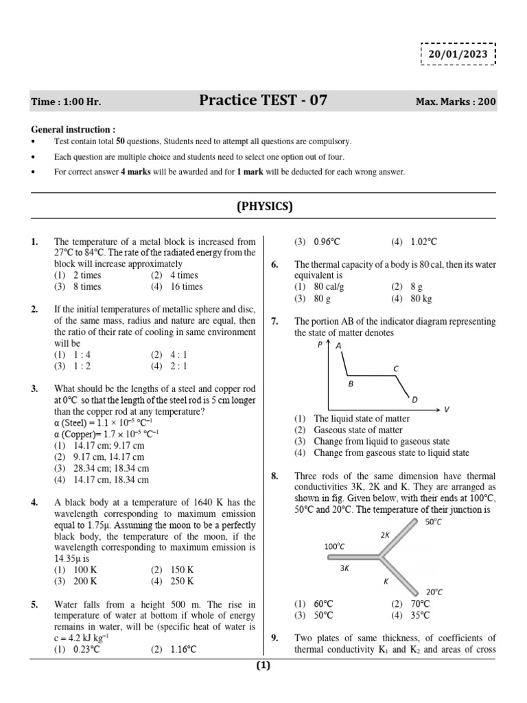 Class Test 07 - Physics Questions | PDF | Gases | Temperature