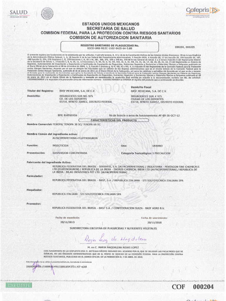 Tenopa 60 SC Registro COFEPRIS | PDF