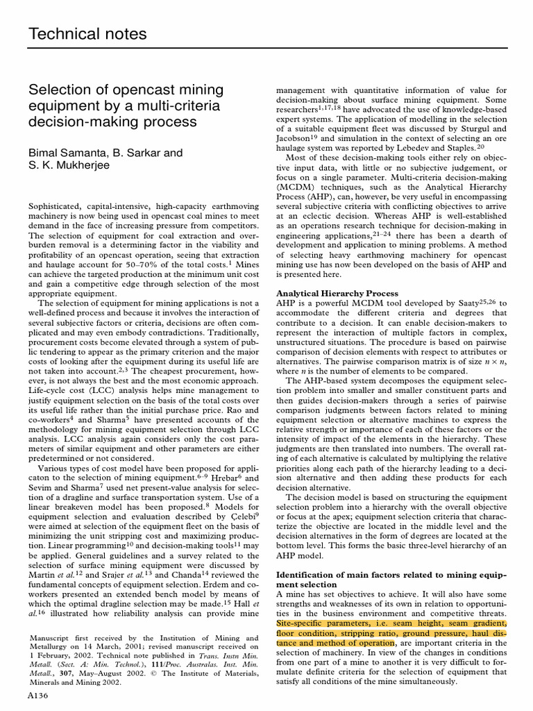 Samanta Et Al 2002 Selection of Opencast Mining Equipment by A Multi Criteria Decision Making ...