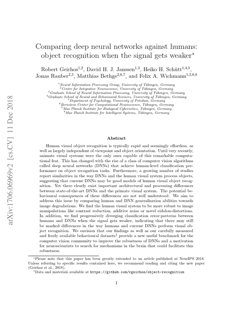Comparing Deep Neural Networks Against Humans: Object Recognition When The Signal Gets Weaker ...