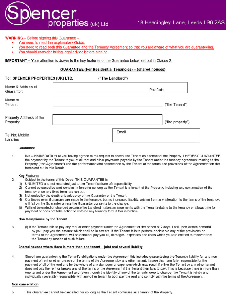 SP Guarantor Form Shared House 2021 | PDF | Leasehold Estate | Guarantee