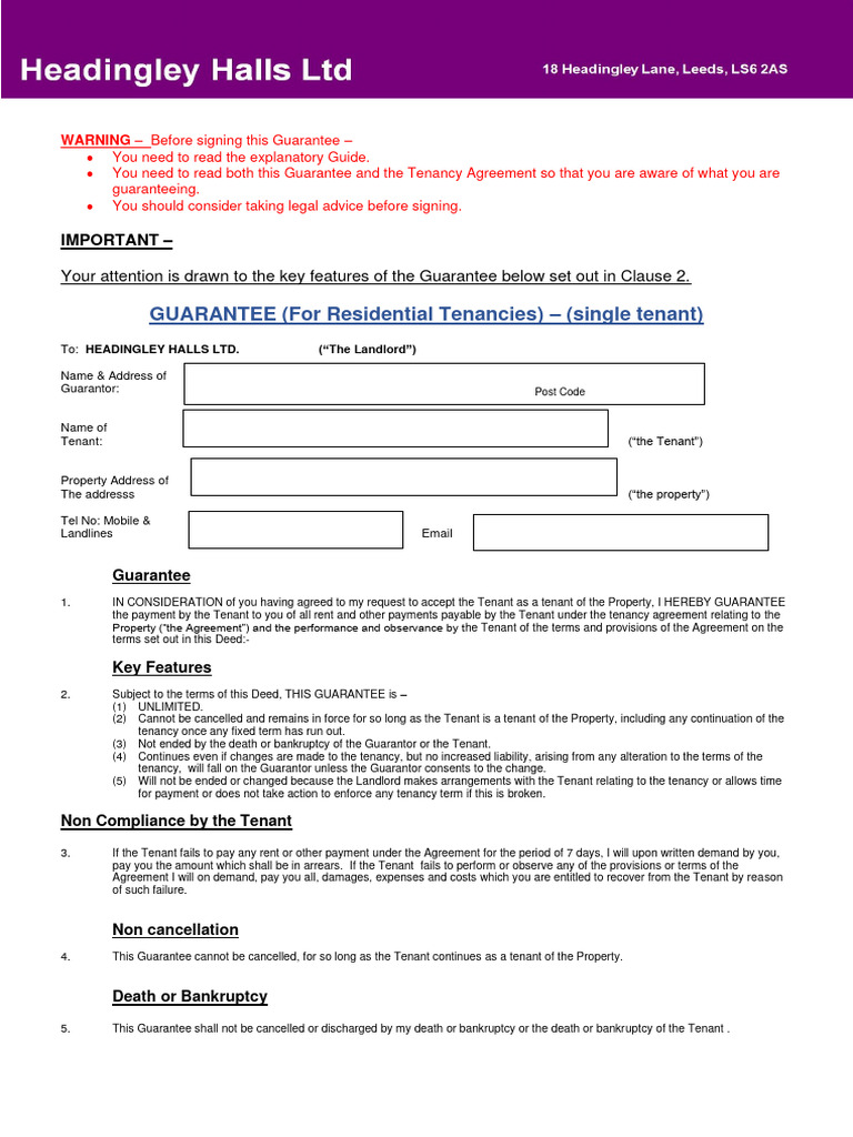 HH Guarantee Form Single Tenant 2021 | PDF | Leasehold Estate | Guarantee