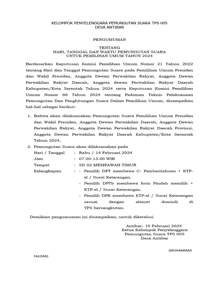 Pemungutan Suara TPS 005 Antibar 2024 | PDF