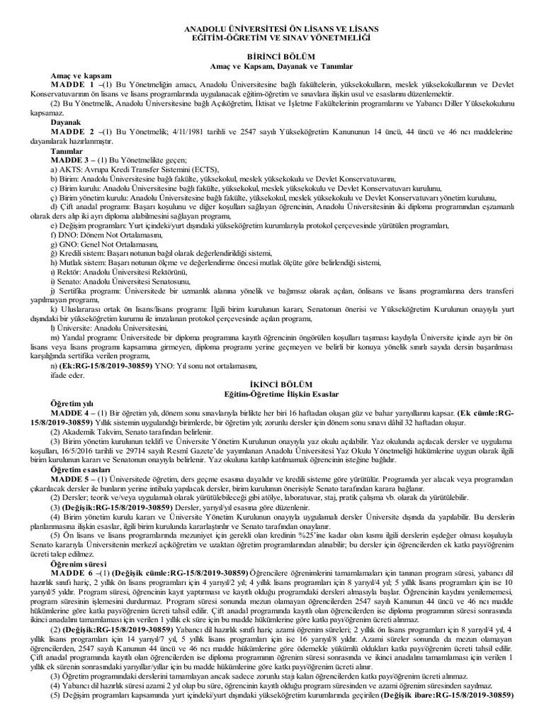 Anadolu Universitesi On Lisans Ve Lisans Yonetmeligi | PDF