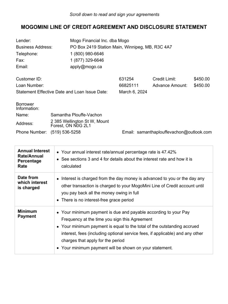 Mini Money Line of Credit Agreement and Disclosure Statement Mar-06 ...