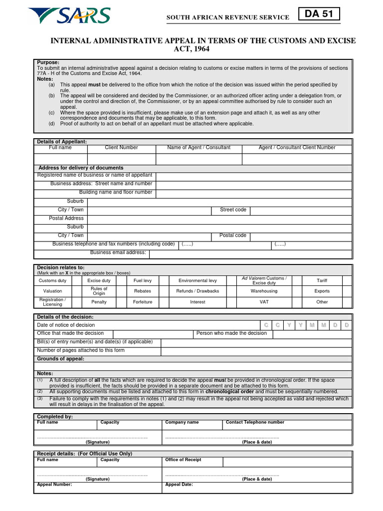 DA 51 Internal Administrative Appeal External Form | PDF | Customs | Excise