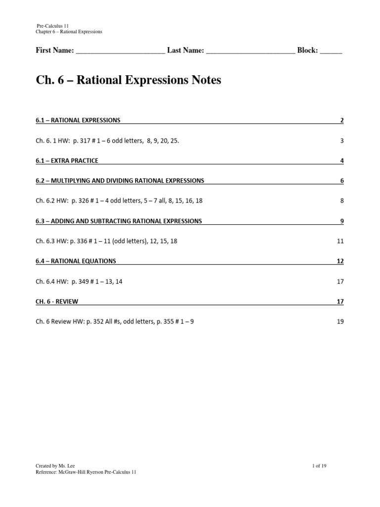 CH 6 Rational Expressions Notes With Answers | PDF | Division ...
