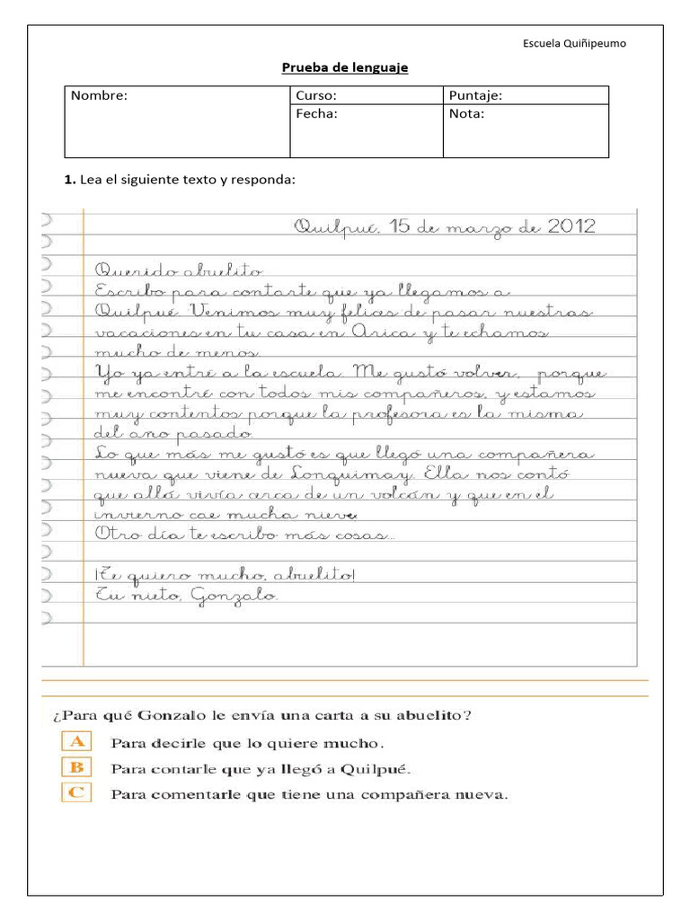 Prueba de Lenguaje Carta y Tmpos Verbales | PDF