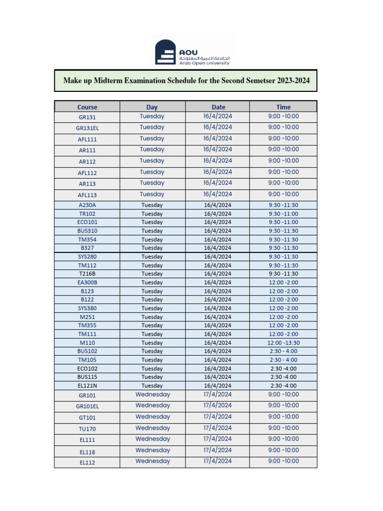 Midterm Exam Schedule 2023-2024 | PDF