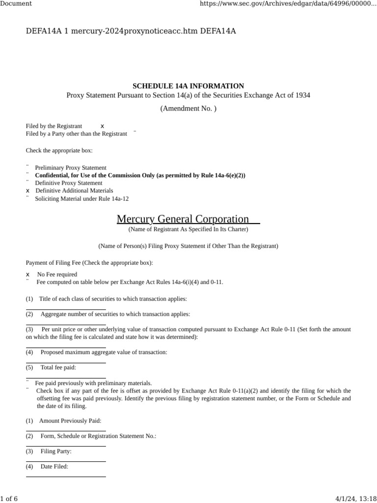 Mercury General 2024 Proxy Statement | PDF | Fee | Securities (Finance)