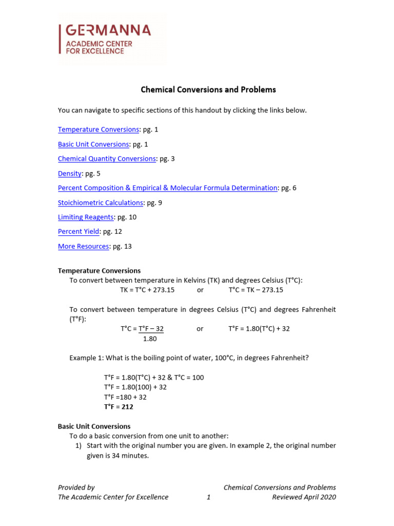 Chemical Conversions and Problems | PDF | Mole (Unit) | Fahrenheit