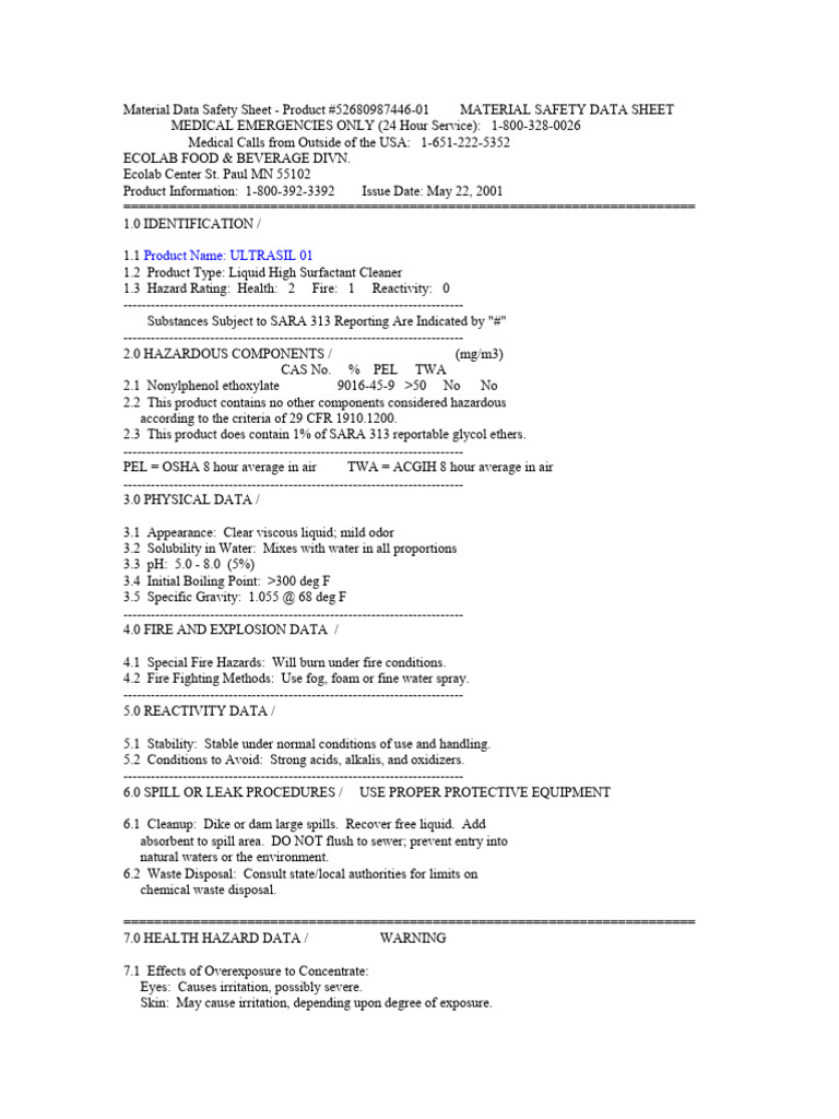MSDS Ecolab | PDF | Water | Waste