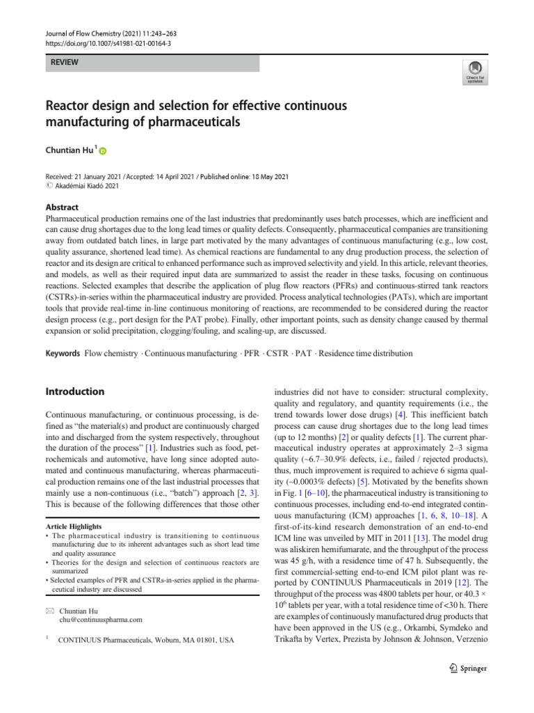 Reactor Design and Selection For Effective Continuous Manufacturing of ...