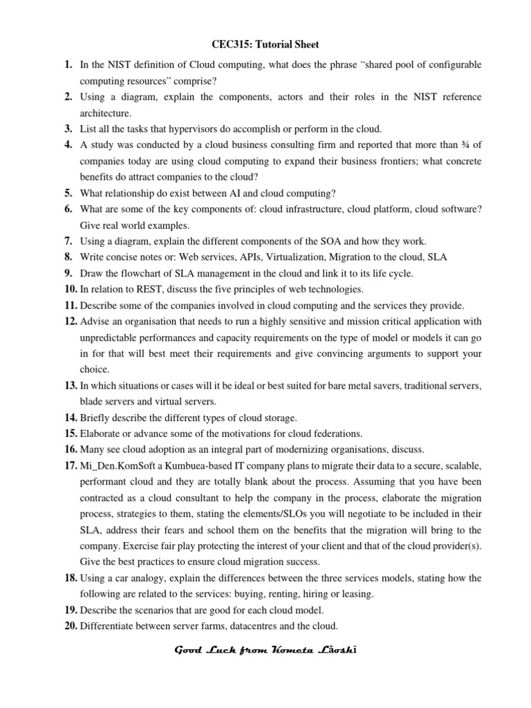 CEC315 Tutorial Sheet | PDF | Cloud Computing | Computing