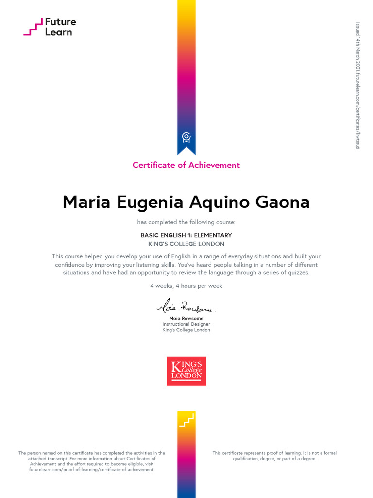 Basic-English-elementary Certificate of Achievement Liwtmu6 | PDF ...