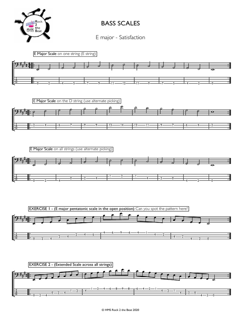 Bass Scales - E - Satisfaction | PDF | Elements Of Music | Pitch (Music)