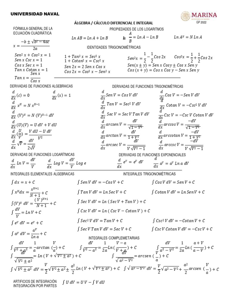 Formulario de Cálculo Diferencial e Integral 1 | Descargar gratis PDF | Integral | Derivado