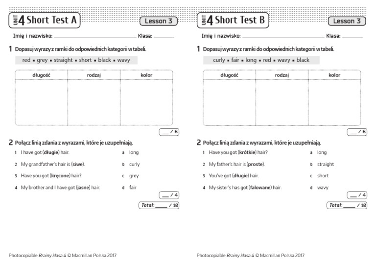 Brainy 4 Short Tests Unit 4 Lesson 3 | PDF