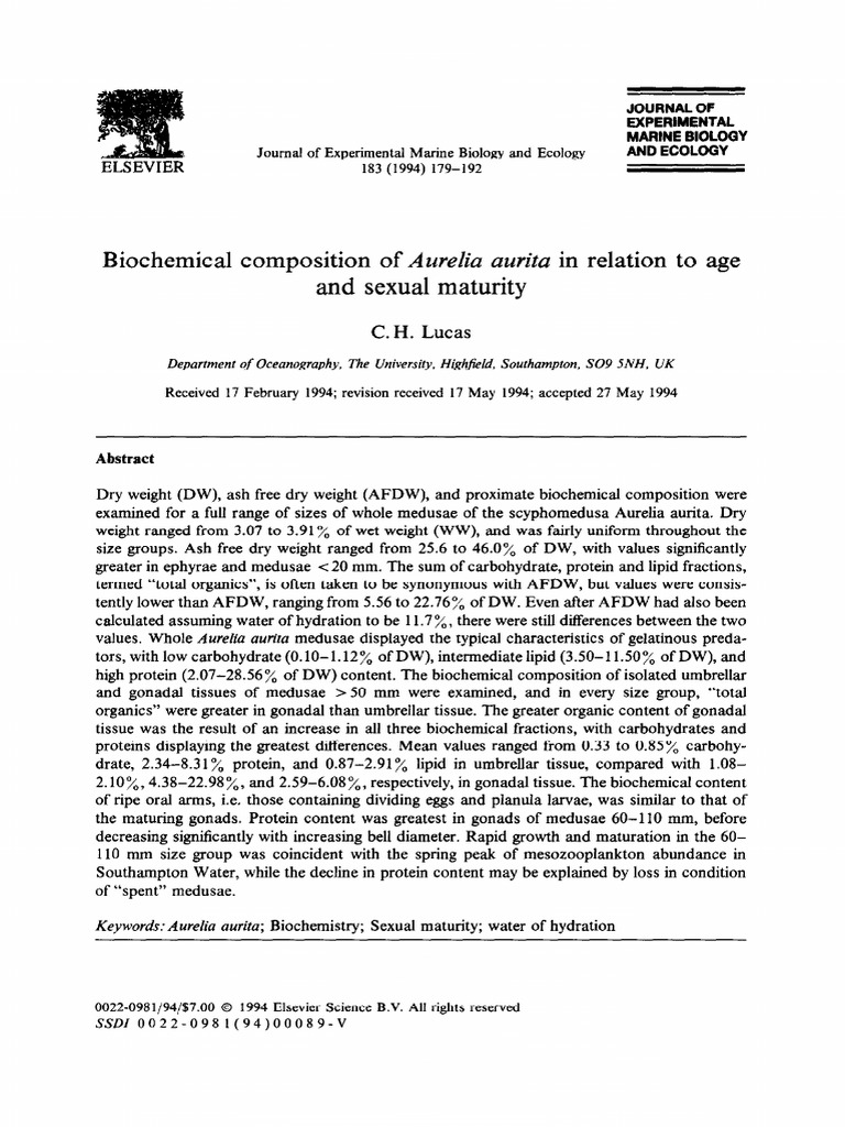 Biochemical Composition of Aurelia aurita | PDF | Biochemistry | Chemistry