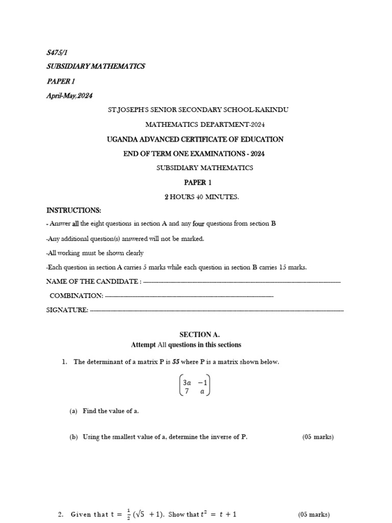 2024 Uganda Advanced Certificate Mathematics Exam | PDF | Mathematics ...