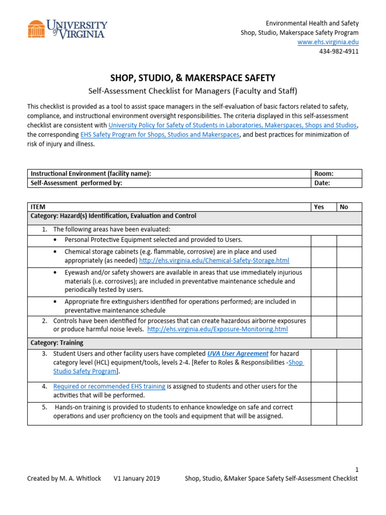 Self Assessment Checklist MakerSpace UVA EHS | PDF | Safety | Hazards