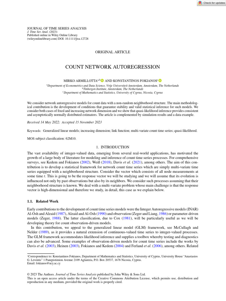 Journal Time Series Analysis - 2023 - Armillotta - Count Network Autoregression | Download Free ...