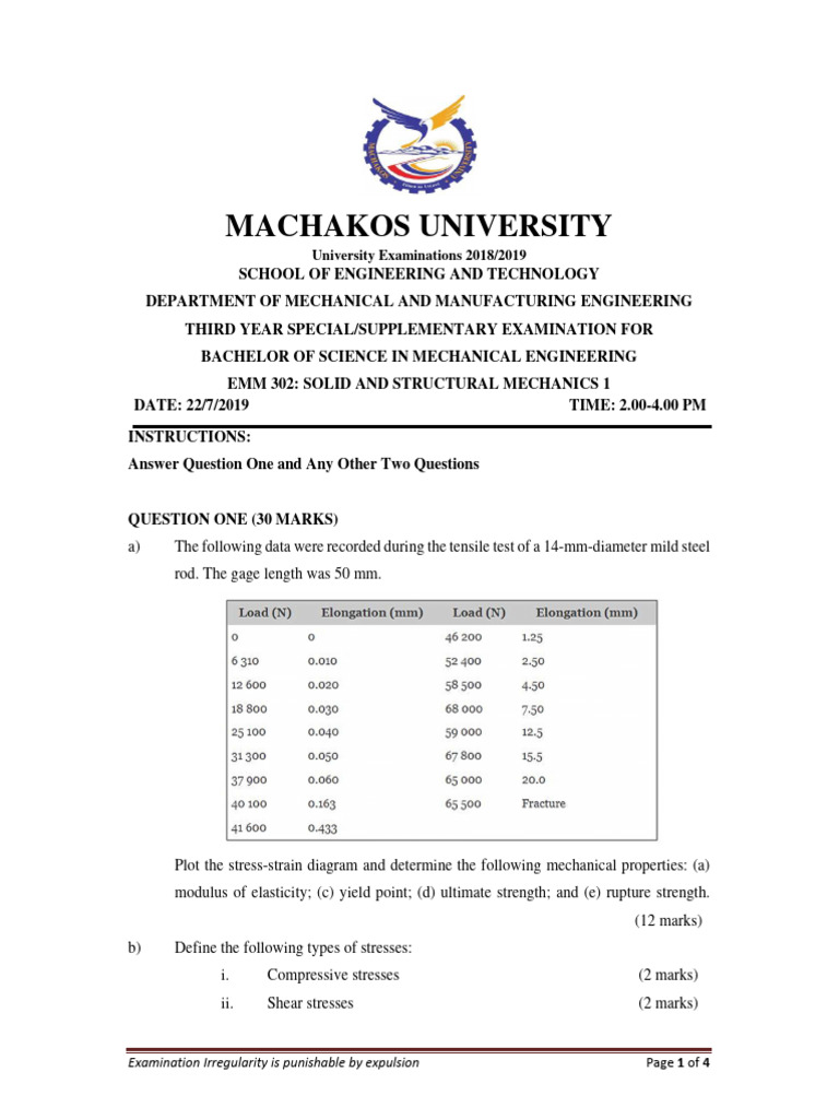 Emm 302 Solid and Structural Mechanics 1 | PDF | Young's Modulus | Stress (Mechanics)