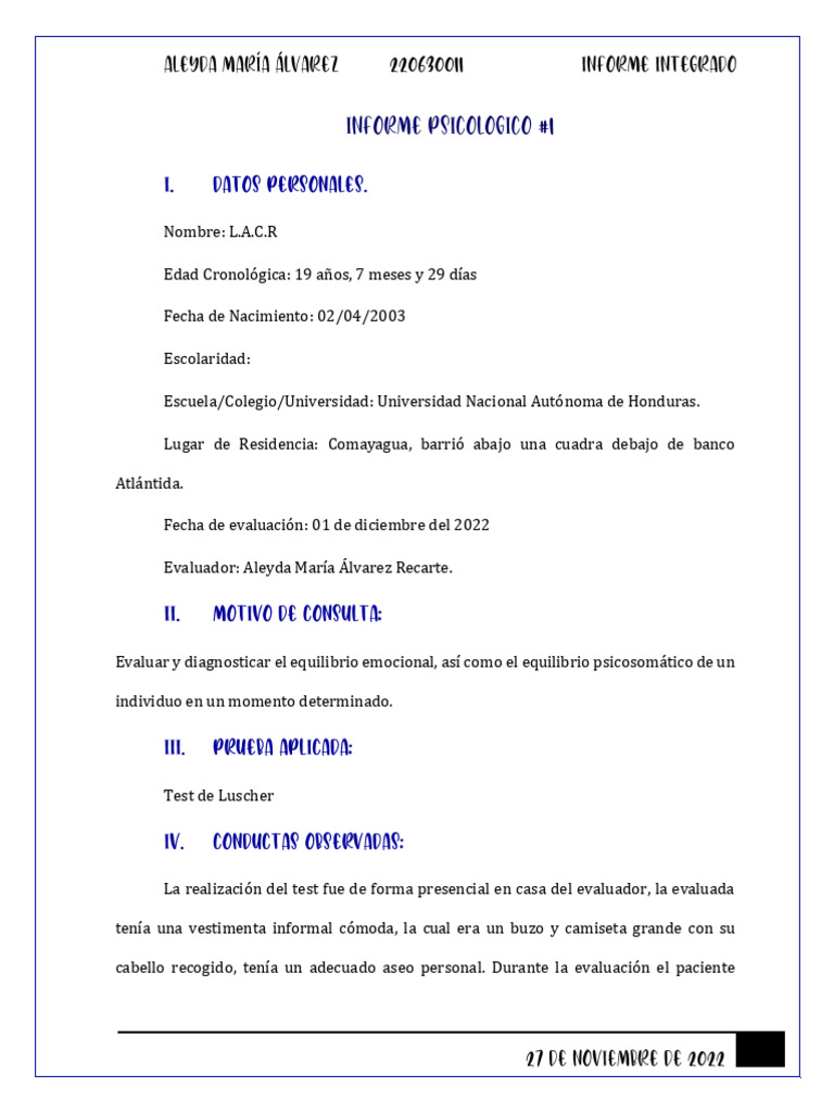 Informe Psicológico: Evaluaciones y Resultados | PDF | Autoestima ...