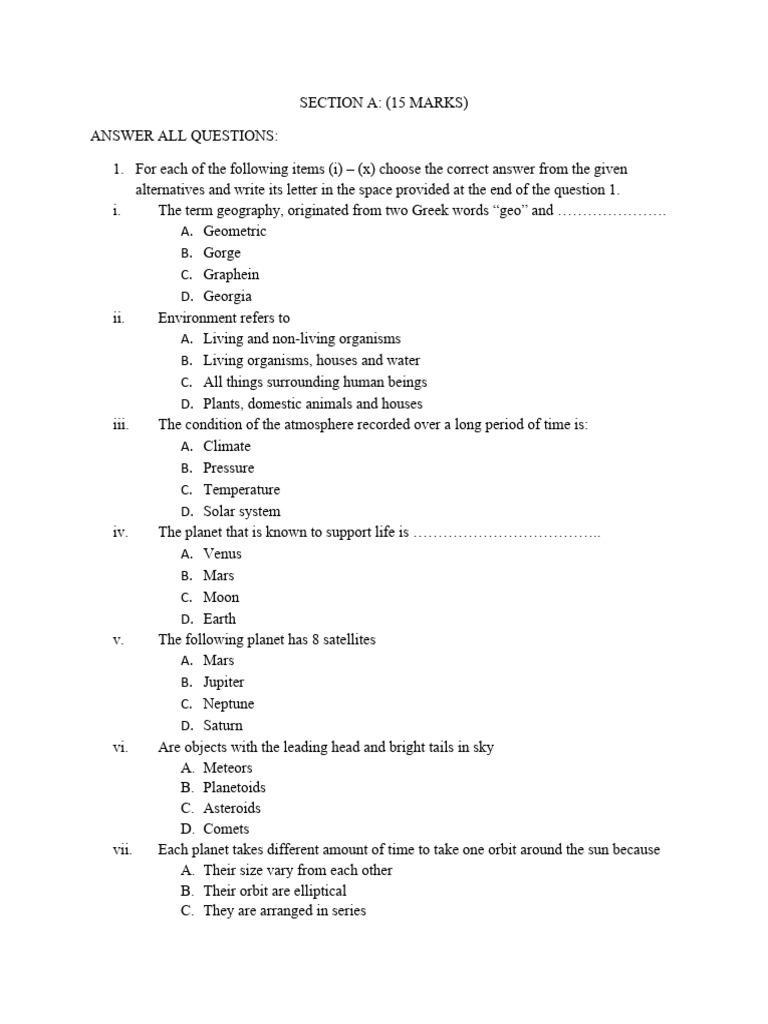 Geography Unit Test for Form 1 Students | PDF | Planets | Sun