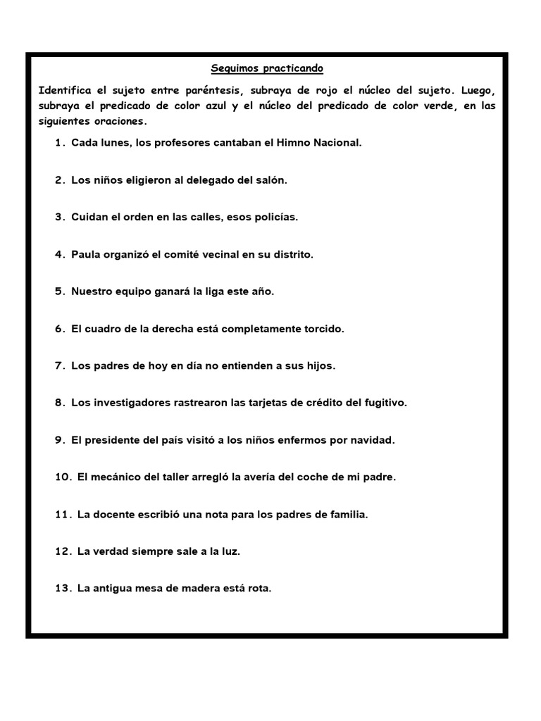 Practica de Clase Núcleo de Sujeto y Núcleo de Predicado Tercero | PDF